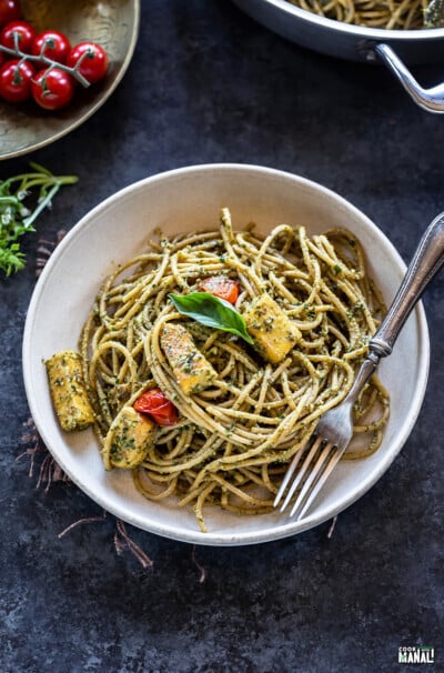 Paneer Pesto Pasta with Cherry Tomatoes - Cook With Manali